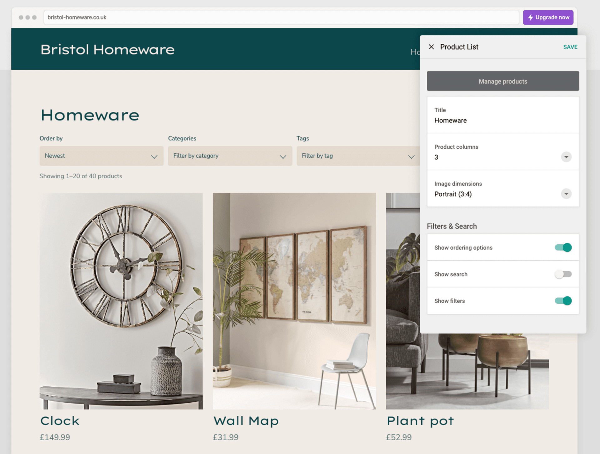 New BaseKit Store product list widget controls | BaseKit